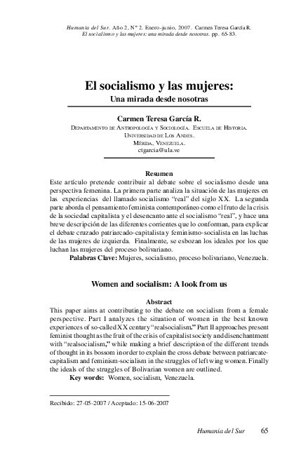 (PDF) Women and socialism: A look from us