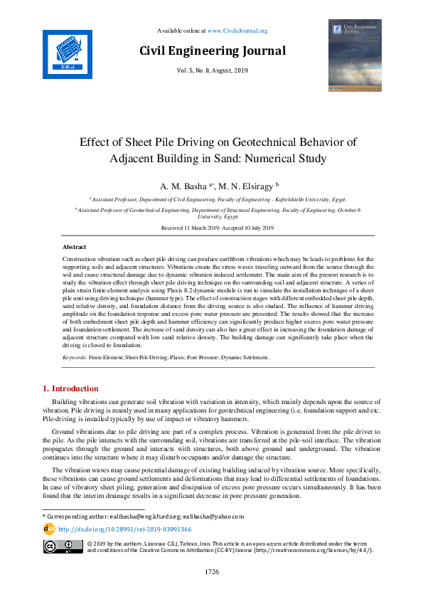 Pdf Effect Of Sheet Pile Driving On Geotechnical Behavior Of Adjacent Building In Sand