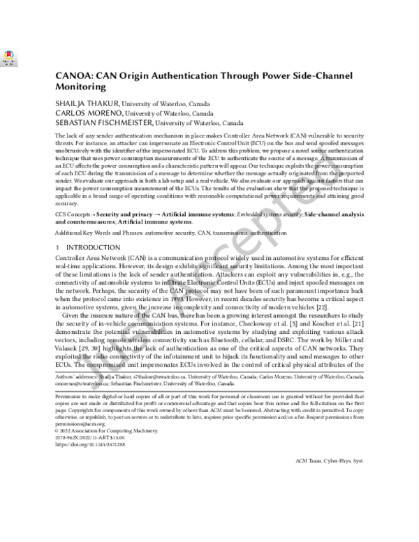 (PDF) CANOA: CAN Origin Authentication Through Power Side-Channel ...