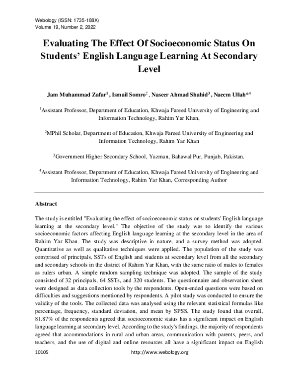 (PDF) Evaluating The Effect Of Socioeconomic Status On Students ...