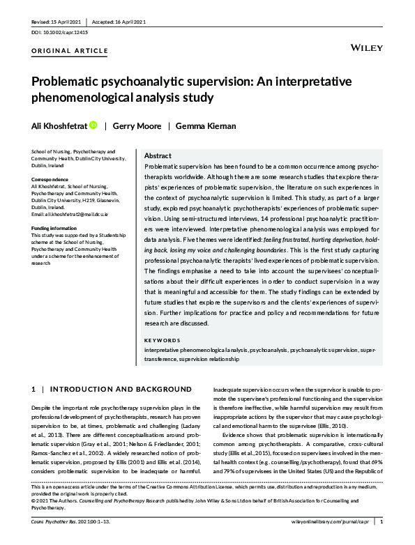 (PDF) Problematic psychoanalytic supervision: An interpretative ...