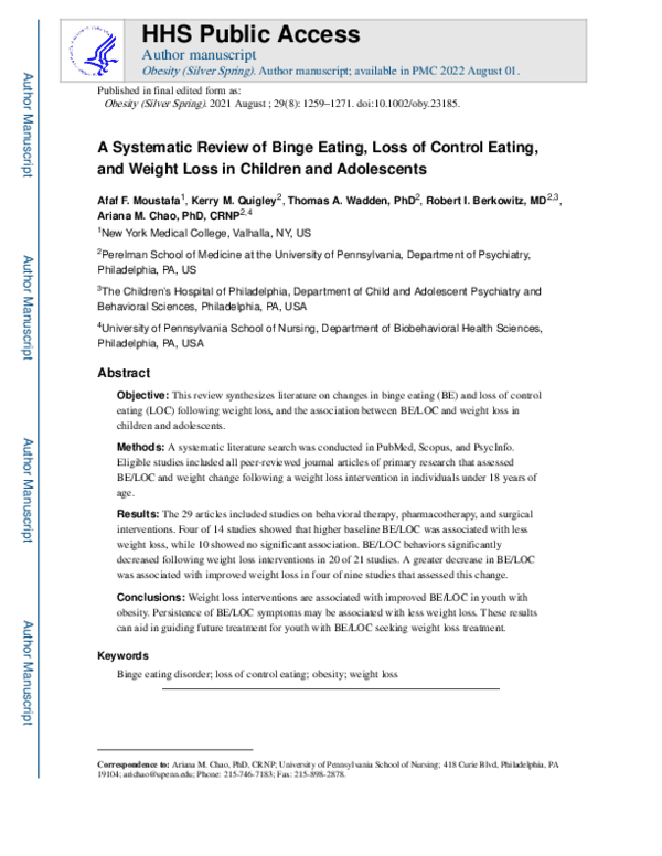 (PDF) A systematic review of binge eating, loss of control eating, and ...