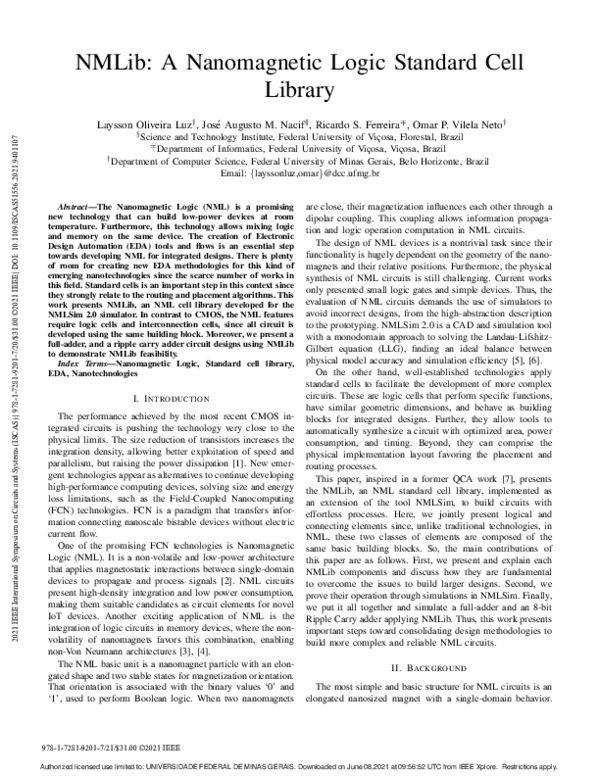 (PDF) NMLib: A Nanomagnetic Logic Standard Cell Library