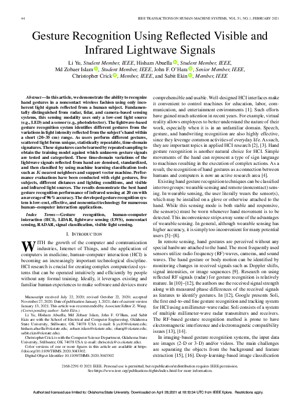 (PDF) Hand Gesture Recognition through Reflected Infrared Light Wave Signals