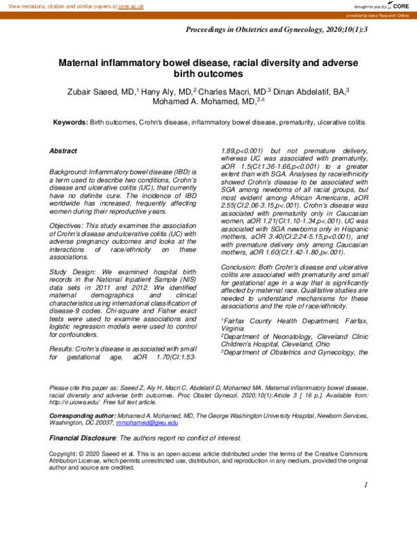 (PDF) Maternal inflammatory bowel disease, racial diversity and adverse birth outcomes | Mohamed ...