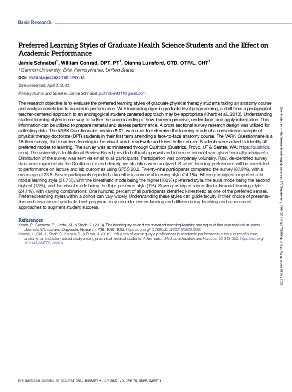 (PDF) Preferred Learning Styles of Graduate Health Science Students and ...