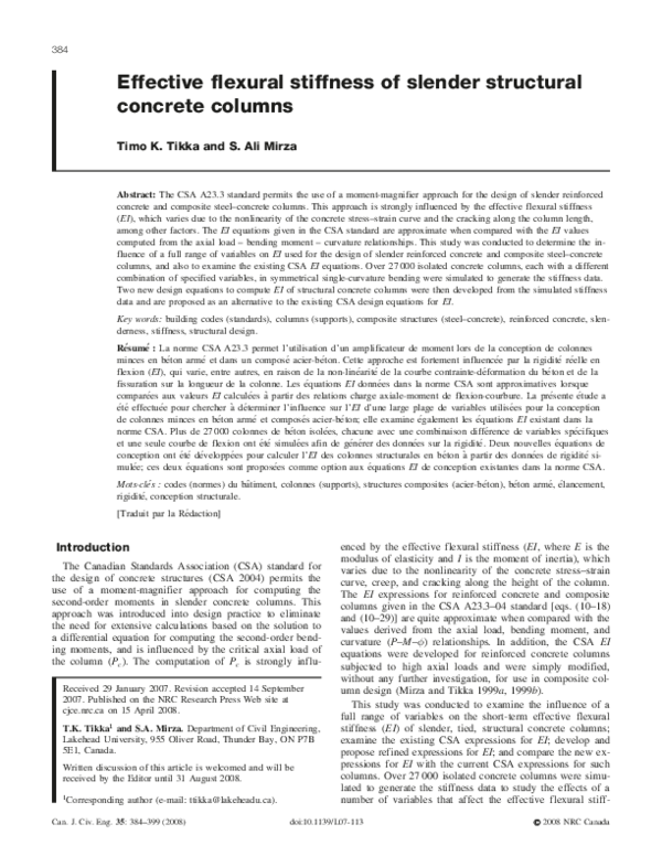 Pdf Effective Flexural Stiffness Of Slender Structural Concrete Columns