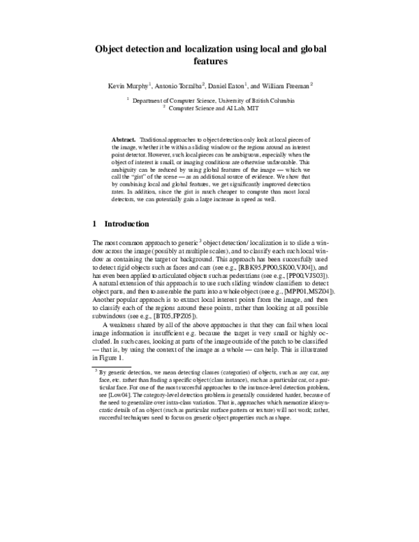 (PDF) Object Detection and Localization Using Local and Global Features