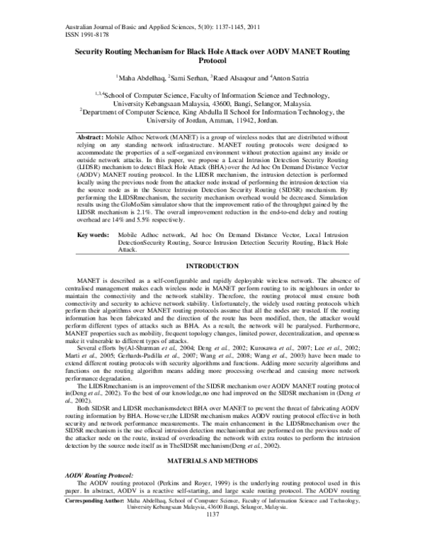 (PDF) Security Routing Mechanism for Black Hole Attack over AODV MANET ... (PDF) Security Routing Mechanism for Black Hole Attack over AODV MANET ...