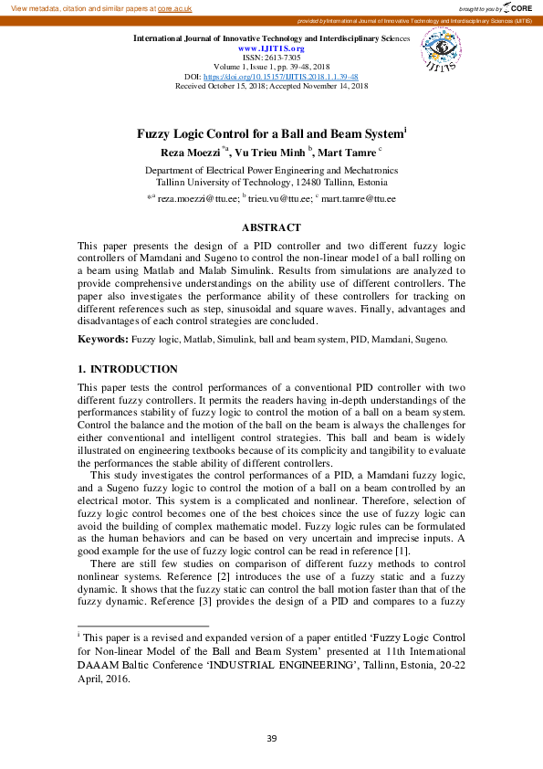 (PDF) Fuzzy Logic Control for a Ball and Beam System