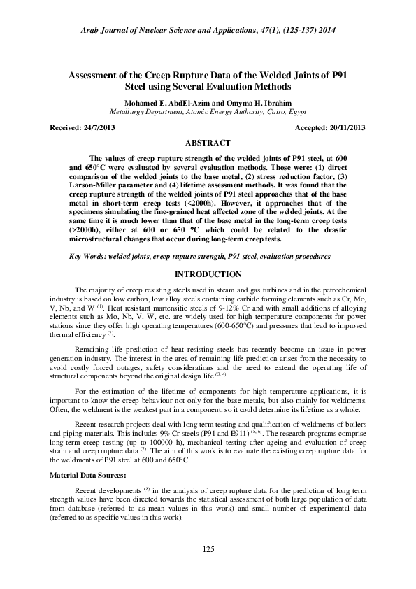 (PDF) Assessment of the Creep Rupture Data of the Welded Joints of P91 Steel using Several ...