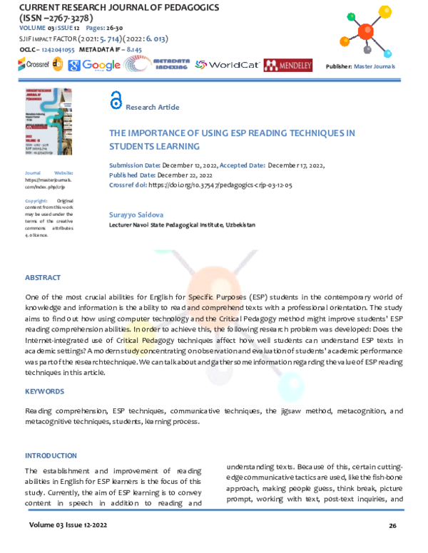 (PDF) The Importance of Using Esp Reading Techniques in Students Learning