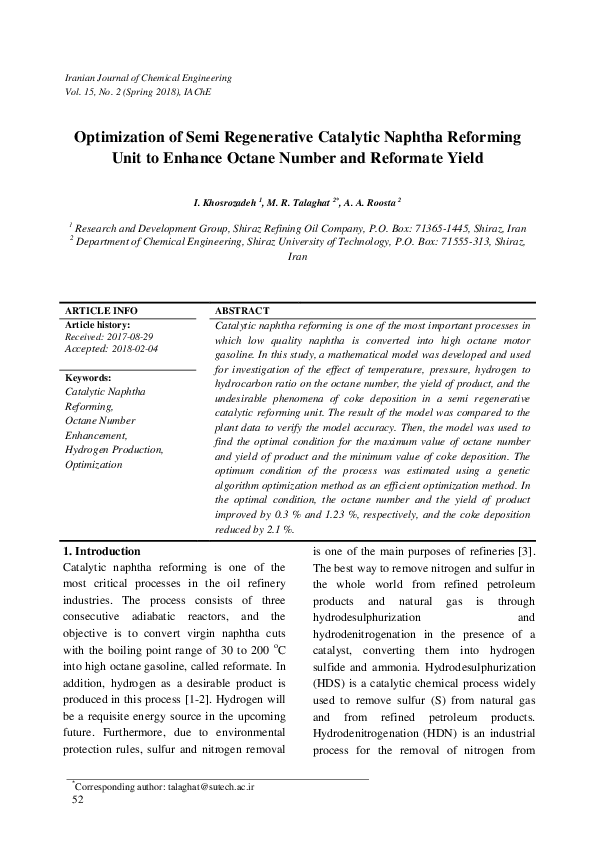 (PDF) Optimization of Semiregenerative Catalytic Naphtha Reforming Unit ...
