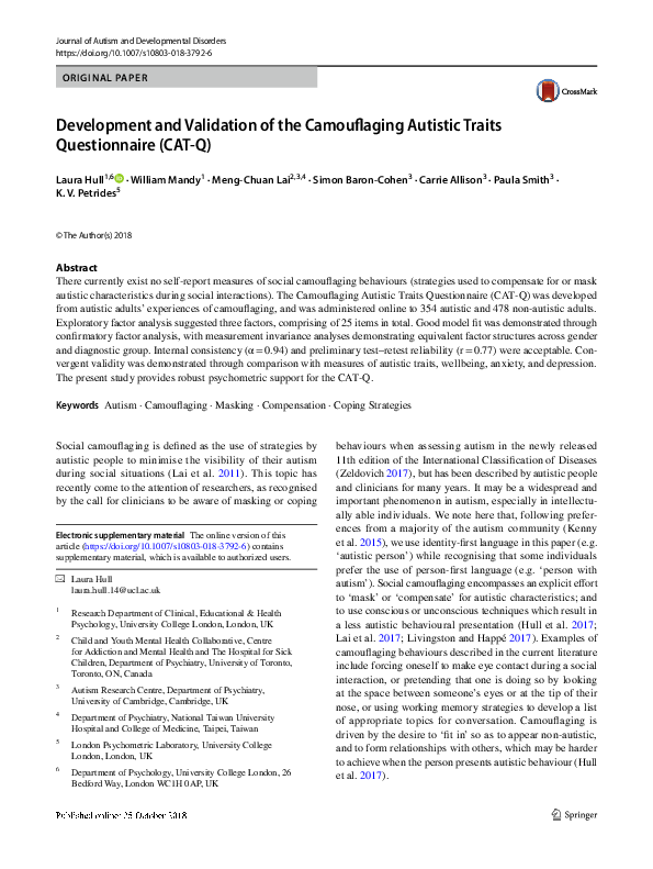(PDF) Development and Validation of the Camouflaging Autistic Traits ...