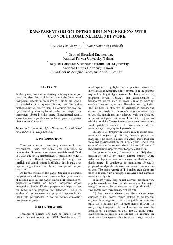 (PDF) Transparent Object Detection Using Regions with Convolutional Neural Network