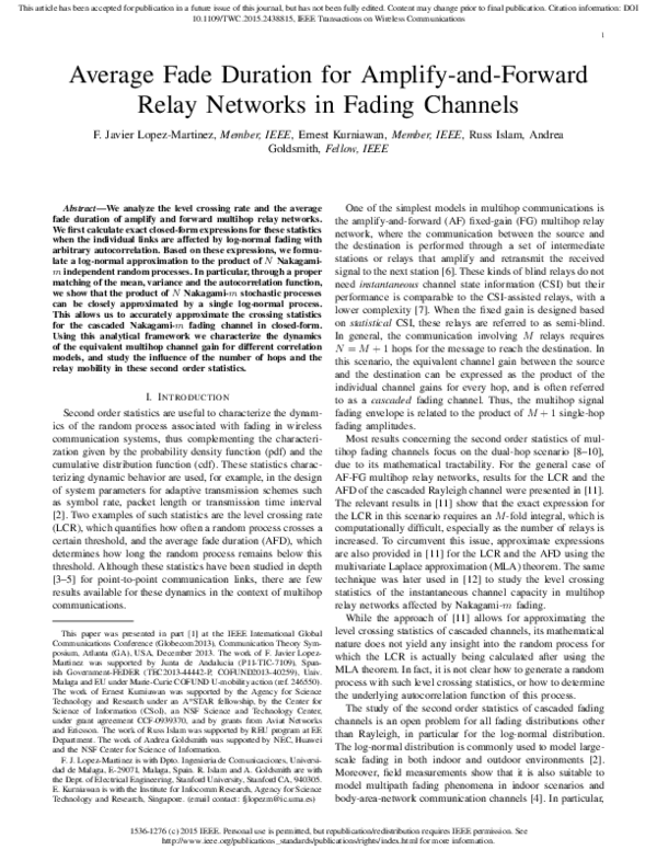 Pdf Average Fade Duration For Amplify And Forward Relay Networks In Log Normal Fading Ernest