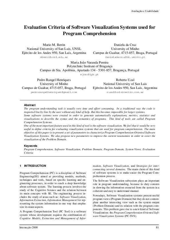(PDF) Evaluation Criteria of Software Visualization Systems used for Program Comprehension