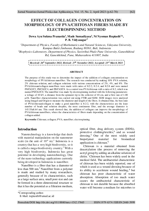 (PDF) Effect of Collagen Concentration on Morphology of Pva/Chitosan Fibers Made by ...