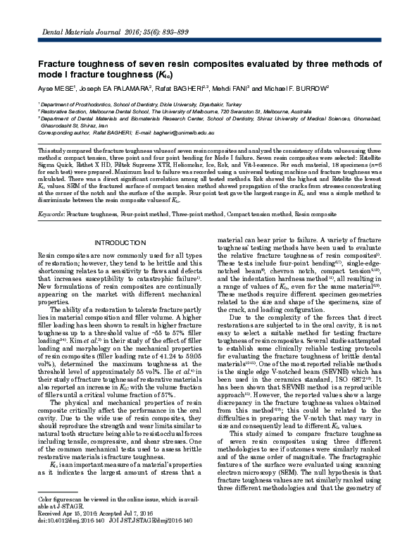 Pdf Fracture Toughness Of Seven Resin Composites Evaluated By Three Methods Of Mode I Fracture