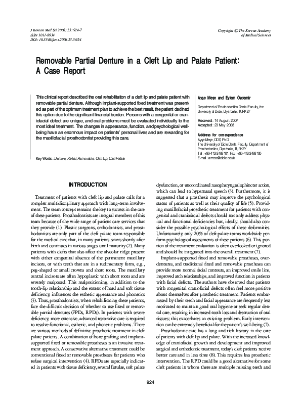 (PDF) Removable Partial Denture in a Cleft Lip and Palate Patient: A ...