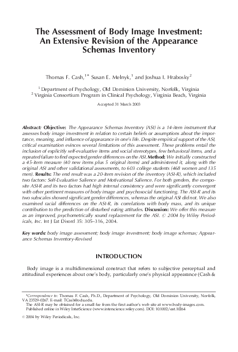 (PDF) The assessment of body image investment: an extensive revision of ...