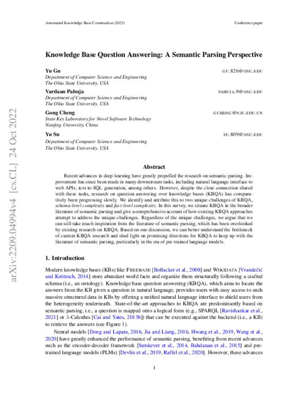 (PDF) Knowledge Base Question Answering: A Semantic Parsing Perspective