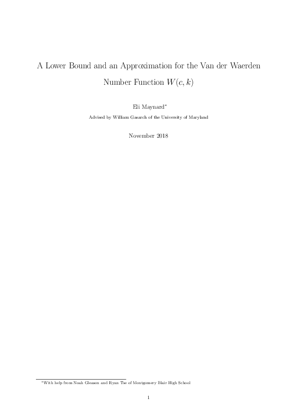(PDF) A Lower Bound and an Approximation for the Van der Waerden Number Function W (c, k)