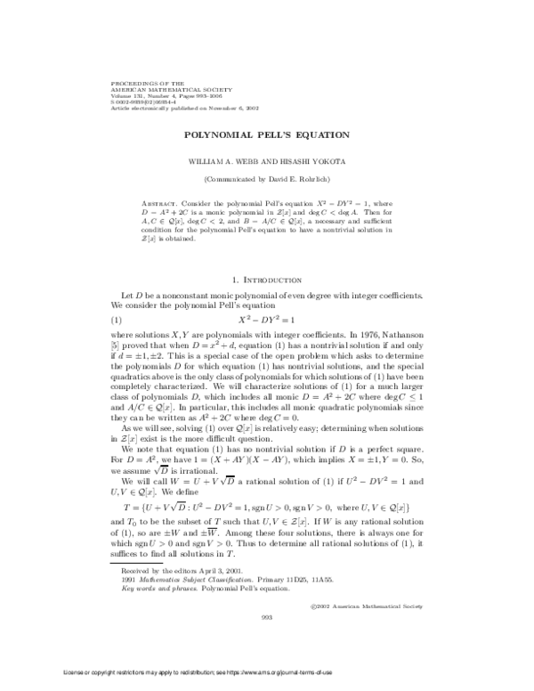 (PDF) Polynomial Pell’s equation