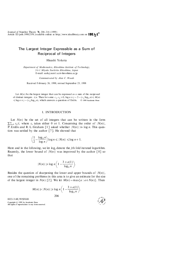 (PDF) The Largest Integer Expressible as a Sum of Reciprocal of Integers