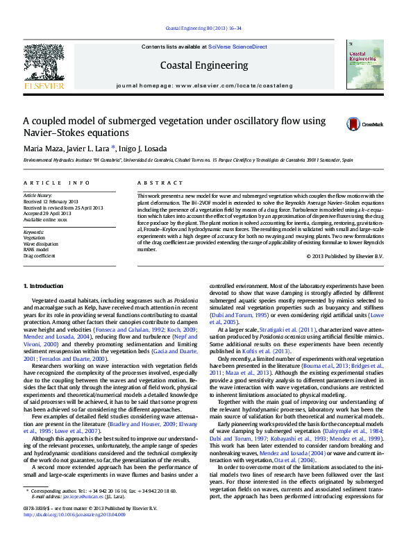 (PDF) A coupled model of submerged vegetation under oscillatory flow ...