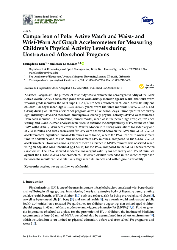 (PDF) Comparison of Polar Active Watch and Waist- and Wrist-Worn ActiGraph Accelerometers for ...