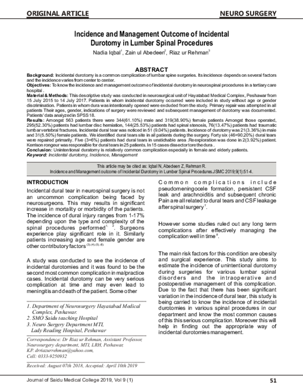 (PDF) Incidence and Management Outcome of Incidental Durotomy in Lumber ...