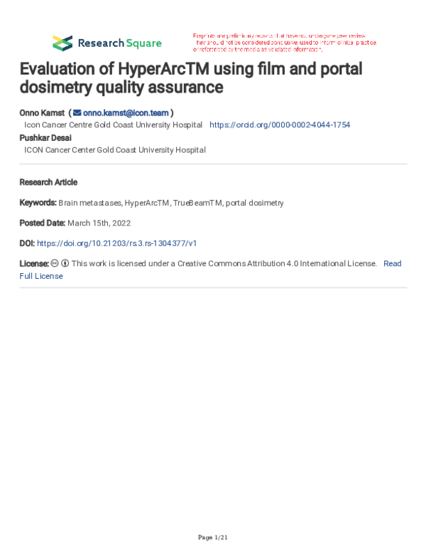 (PDF) Evaluation of HyperArc™ using film and portal dosimetry quality ...