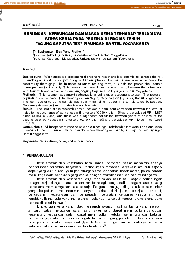 (PDF) Hubungan Kebisingan Dan Massa Kerja Terhadap Terjadinya Stres ...