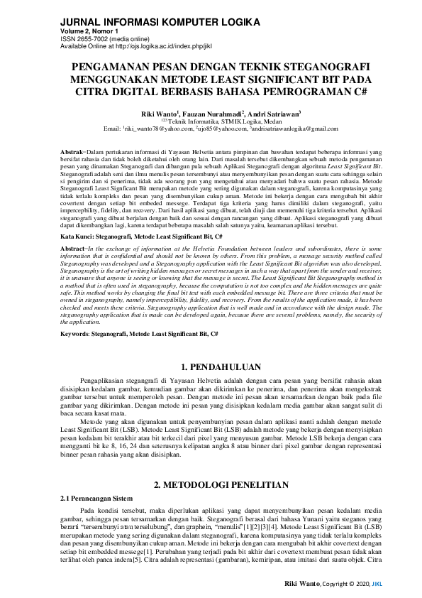 Pdf Pengamanan Pesan Dengan Teknik Steganografi Menggunakan Metode Least Significant Bit Pada