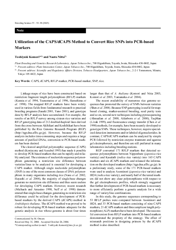 (PDF) Utilization of the CAPS/dCAPS Method to Convert Rice SNPs into ...