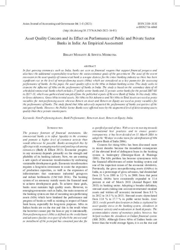 (PDF) Asset Quality Concern and its Effect on Performance of Public and Private Sector Banks in ...