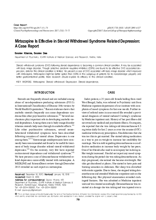 (PDF) Mirtazapine Is Effective in Steroid Withdrawal Syndrome Related ...