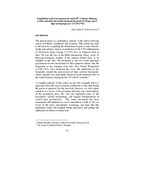 (PDF) Population and Governance in mid-18th Century Bhutan, as Revealed ...