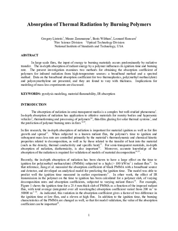 (PDF) Absorption of Thermal Radiation by Burning Polymers | NIST