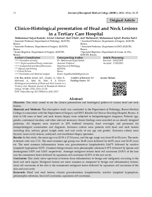 (PDF) Clinico-Histological presentation of Head and Neck Lesions in a ...
