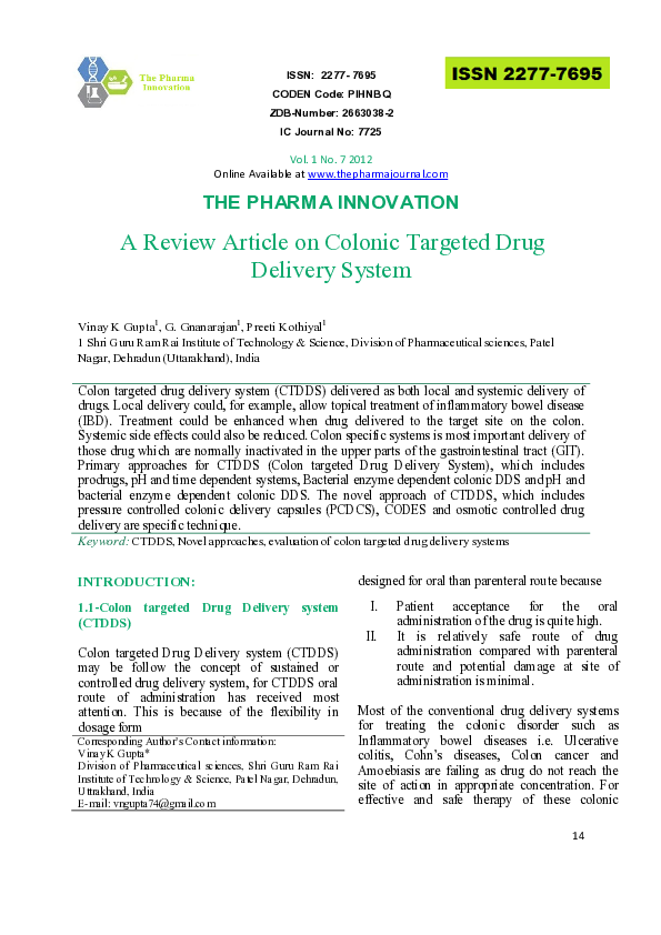 (PDF) A Review Article on Colonic Targeted Drug Delivery System
