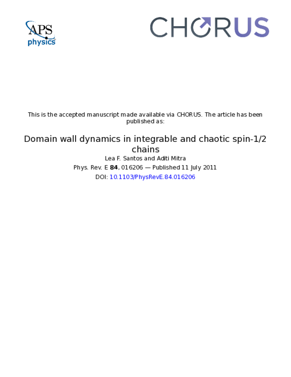 (PDF) Domain wall dynamics in integrable and chaotic spin-1/2 chains