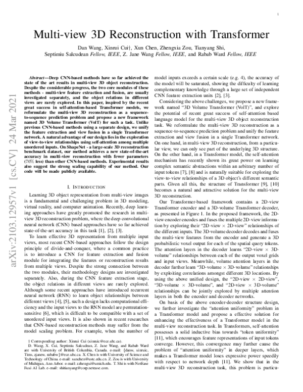 Pdf Multi View 3d Reconstruction With Transformers
