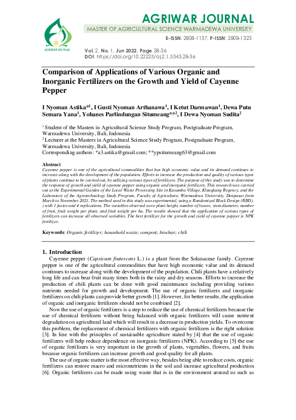 (PDF) Comparison of Applications of Various Organic and Inorganic Fertilizers on the Growth and ...