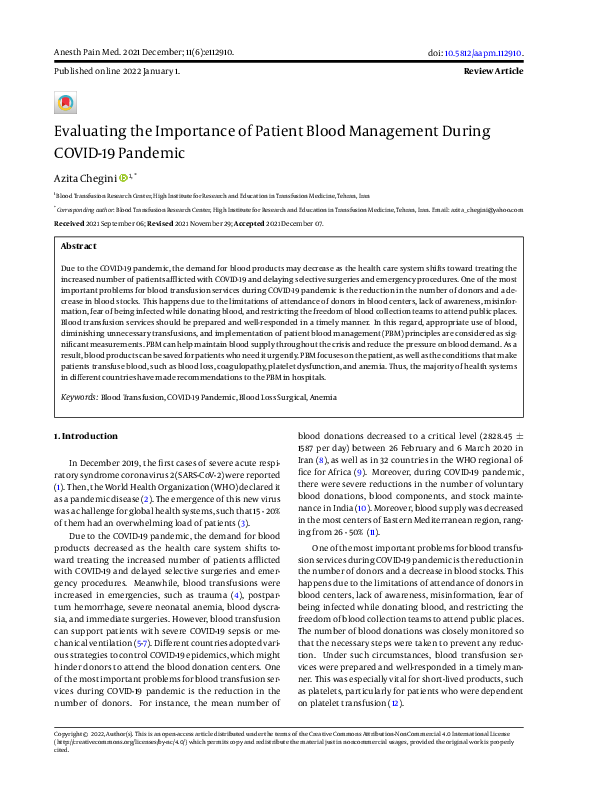(PDF) Evaluating the Importance of Patient Blood Management During ...