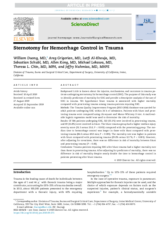 (PDF) Sternotomy for Hemorrhage Control in Trauma