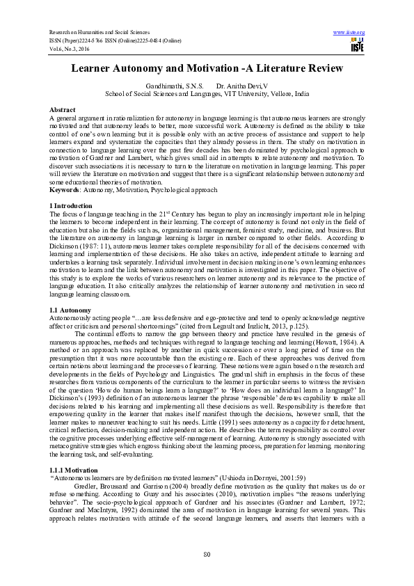 (PDF) Learner Autonomy and Motivation -A Literature Review