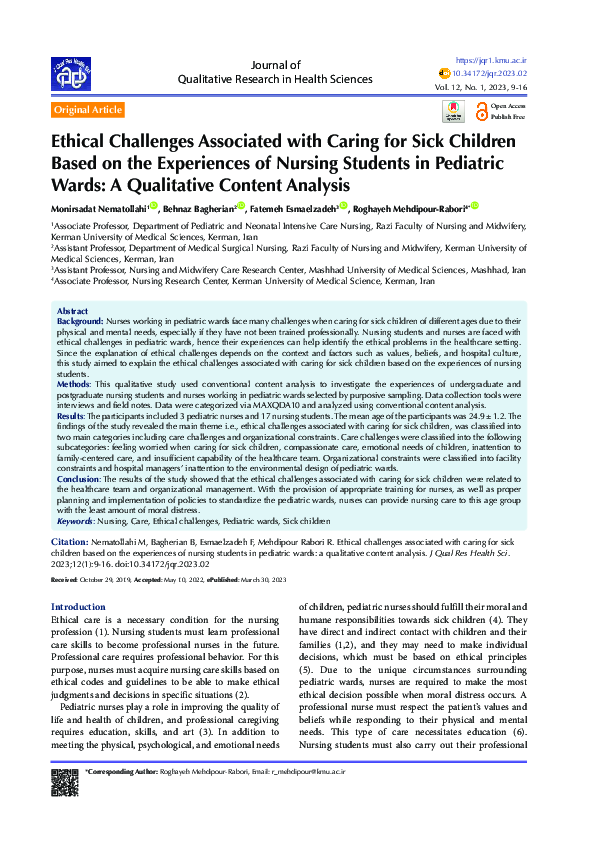 (PDF) Ethical Challenges Associated with Caring for Sick Children Based ...
