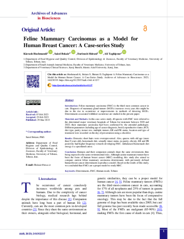 (PDF) Original Article: Feline Mammary Carcinomas as a Model for Human ...